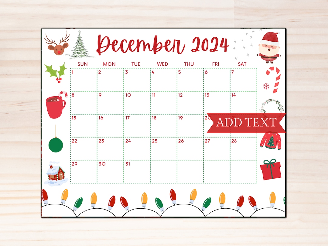 PRINTABLE December Calendar, Christmas Calendar, Holiday Calendar ...