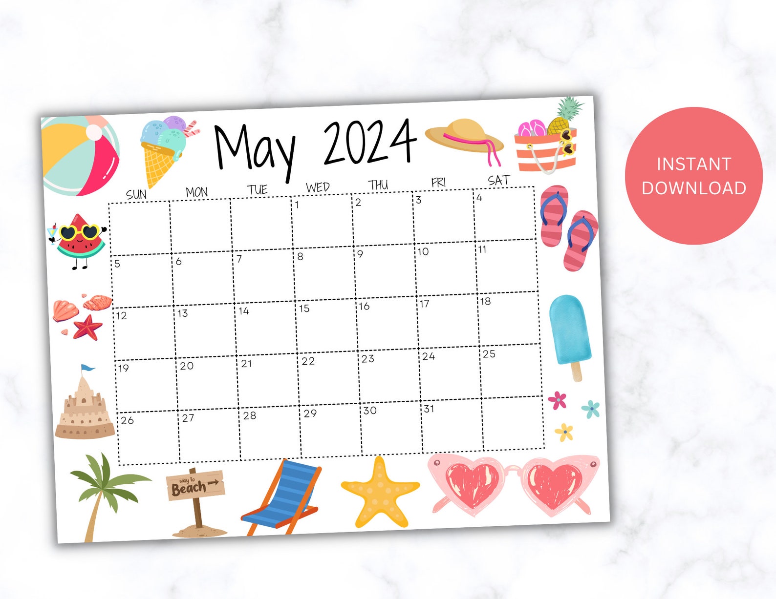 EDITABLE May 2024 Calendar, Printable Calendar 2024, Beautiful Summer ...