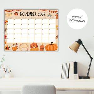 Printable November 2026 Calendar, Editable Fall Calendar, School ...