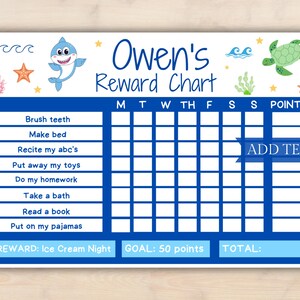 EDITABLE Boys Shark Chore Chart, Ocean Animals Reward Chart, Sticker ...