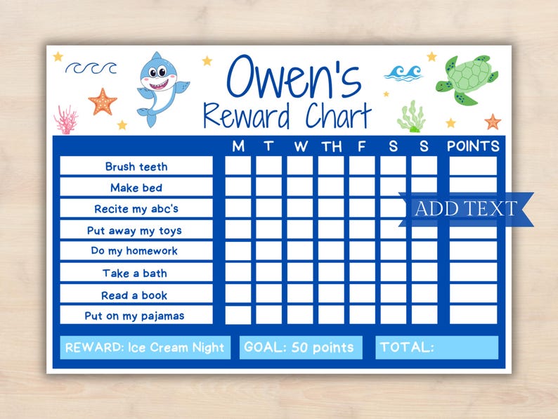 EDITABLE Boys Shark Chore Chart, Ocean Animals Reward Chart, Sticker ...