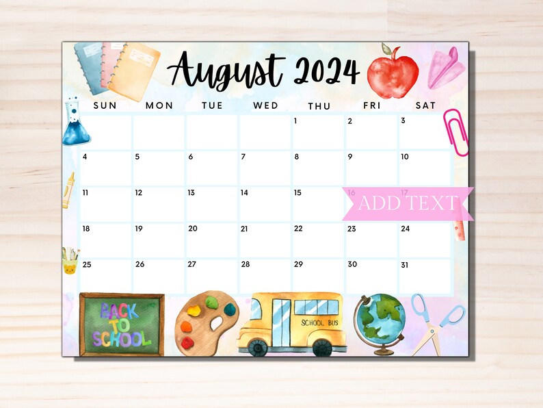 Printable August 2024 Calendar, Editable Calendar 2024, Cute Back to ...
