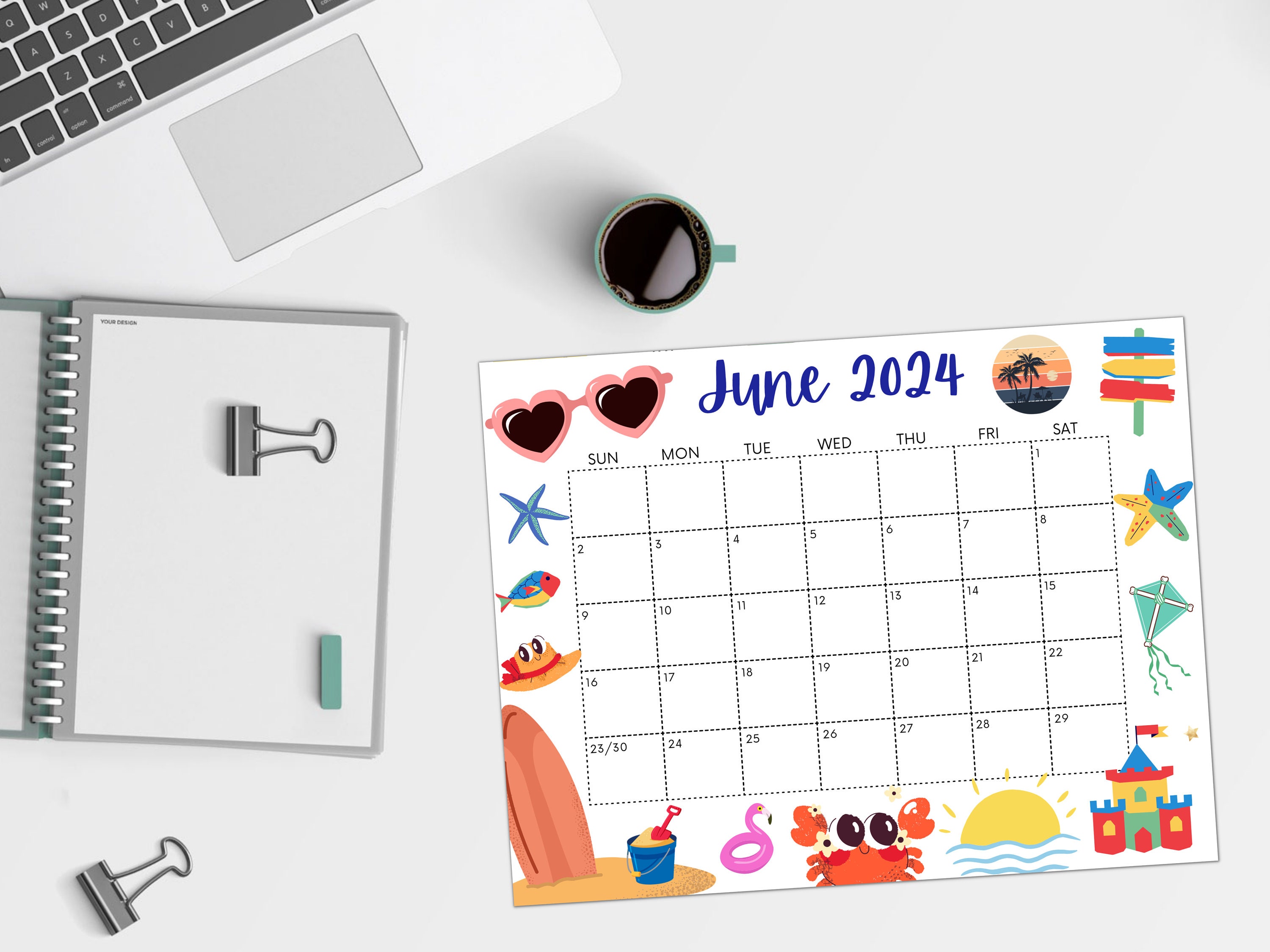 Calendario imprimible de junio de 2024, Calendario de verano editable ...