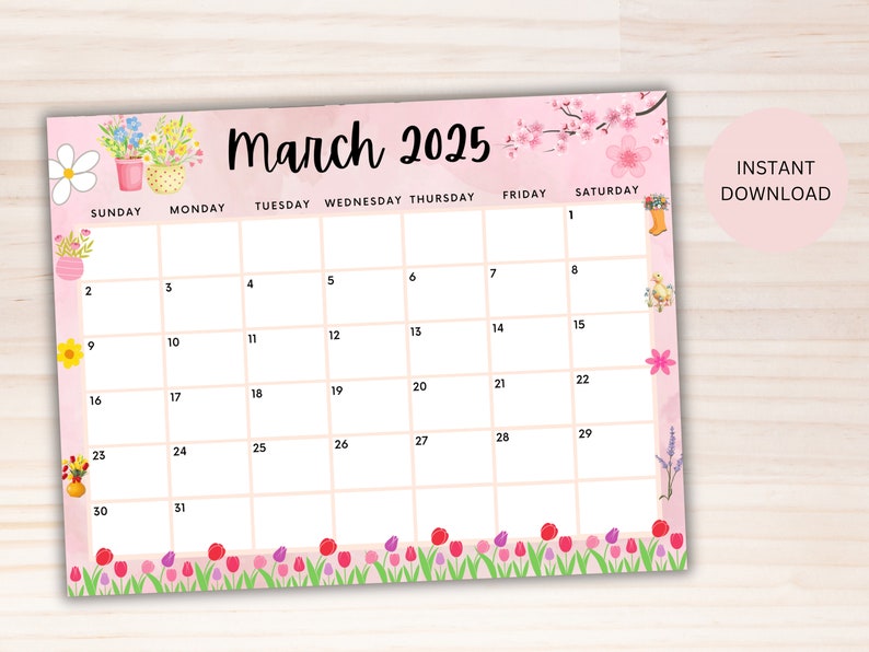 EDITABLE March 2025 Calendar, Printable Wall Calendar 2025, Cute Spring ...