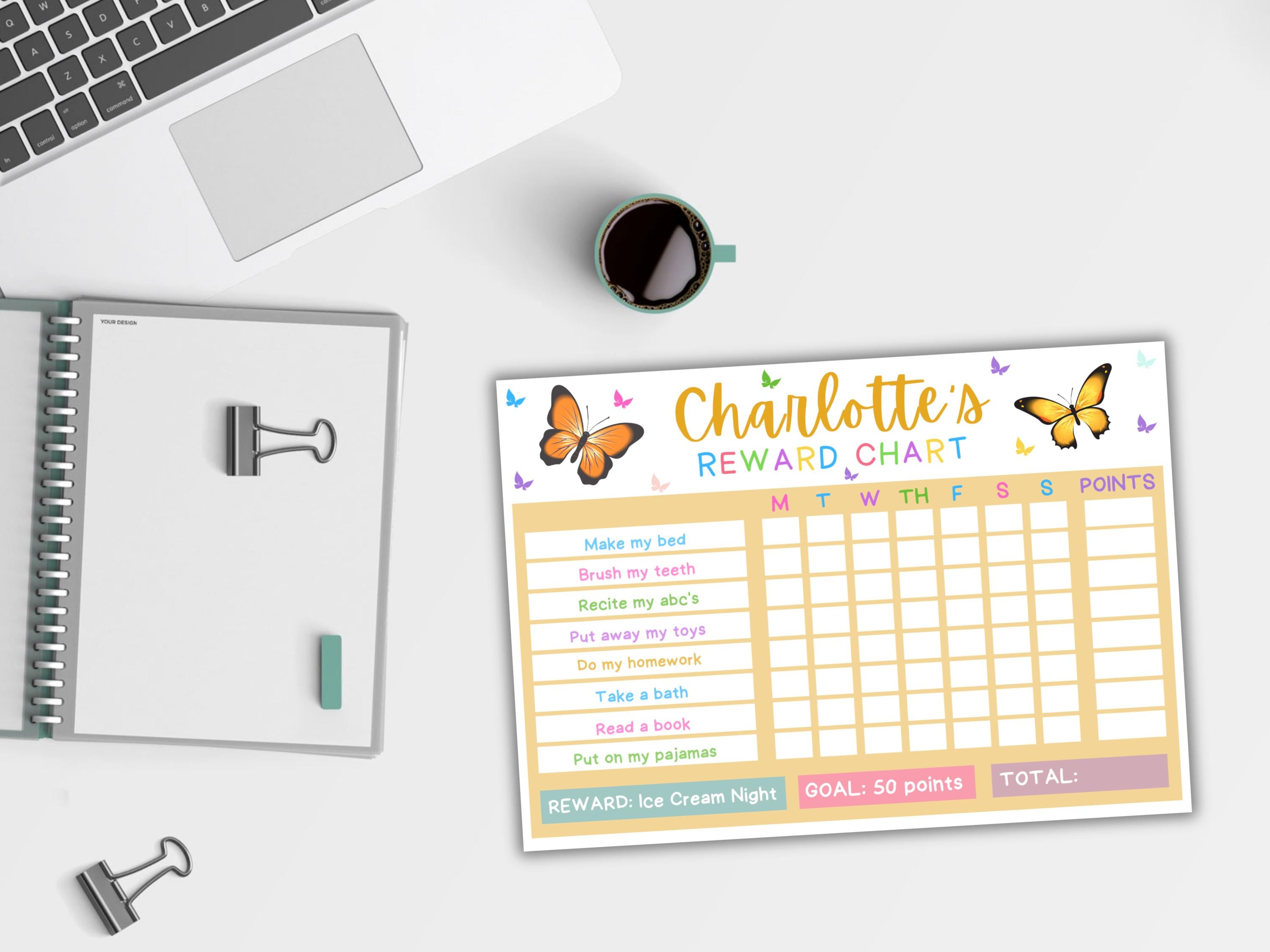 EDITABLE Girls Butterflies Chore Chart, Girls Reward Chart W/ Yellow ...