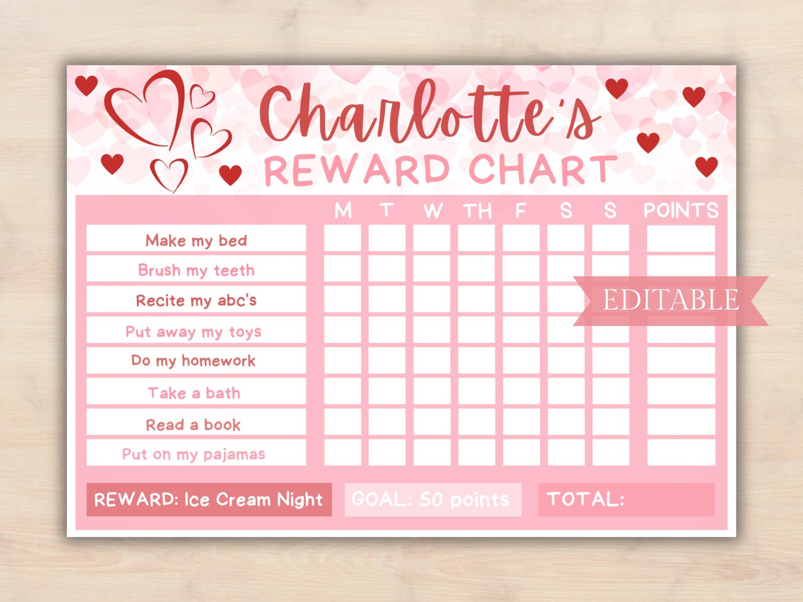 EDITABLE Girls Pink Hearts Chore Chart, Girls Reward Sticker Chart W ...