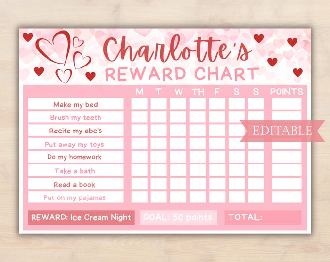 Editable Hearts Reward Chart, Hearts Sticker Chart, Pink Gold Hearts ...
