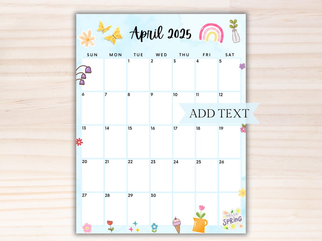 EDITABLE April 2025 Calendar, Printable Cute Spring Calendar Blue ...