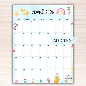 EDITABLE April 2025 Calendar, Printable Cute Spring Calendar Blue ...