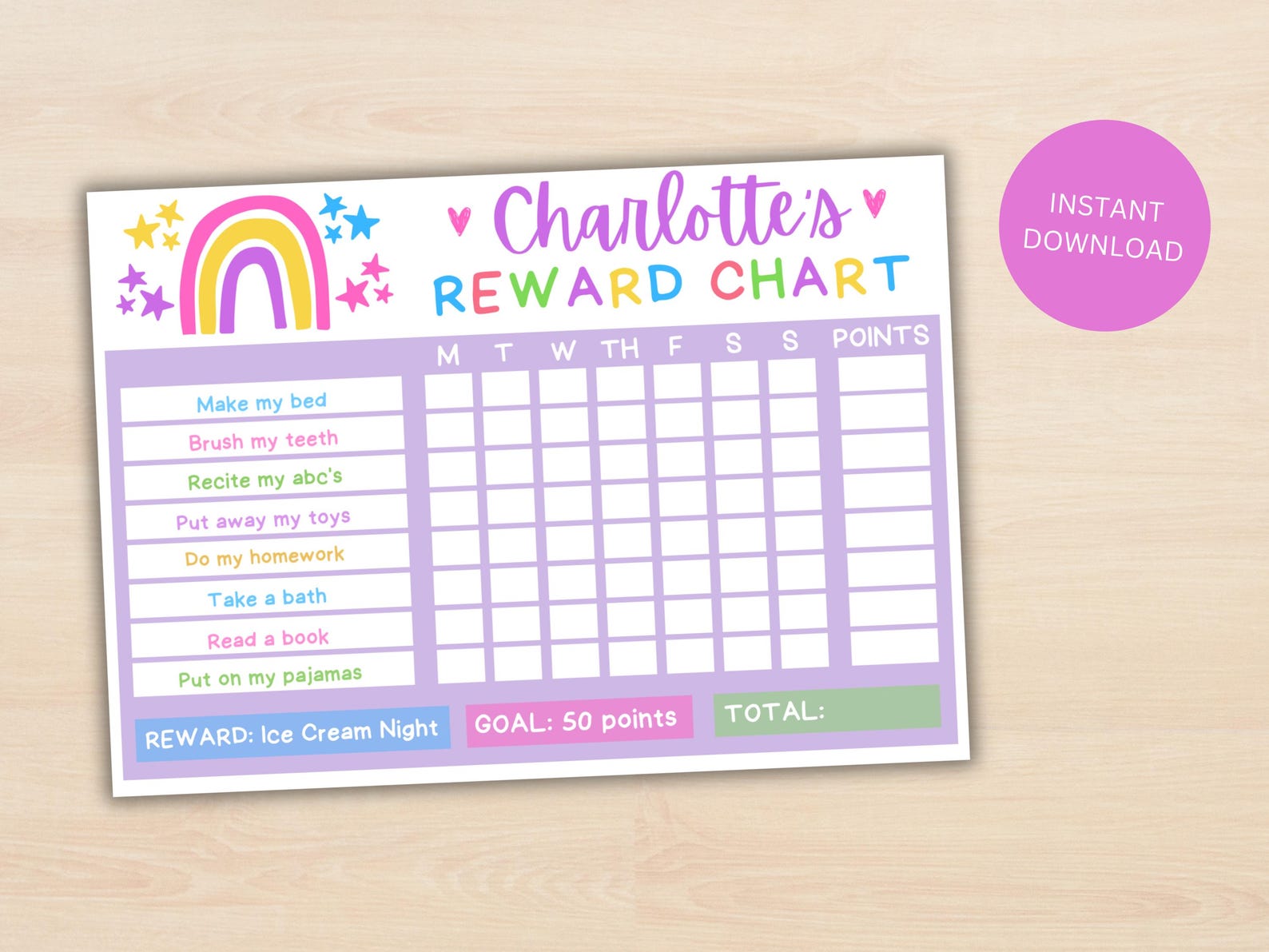 EDITABLE Kids Rainbow Reward Chart, Girls Chore Chart W/ Purple and ...