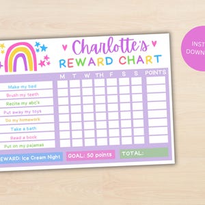 EDITABLE Kids Rainbow Reward Chart, Girls Chore Chart W/ Purple and ...