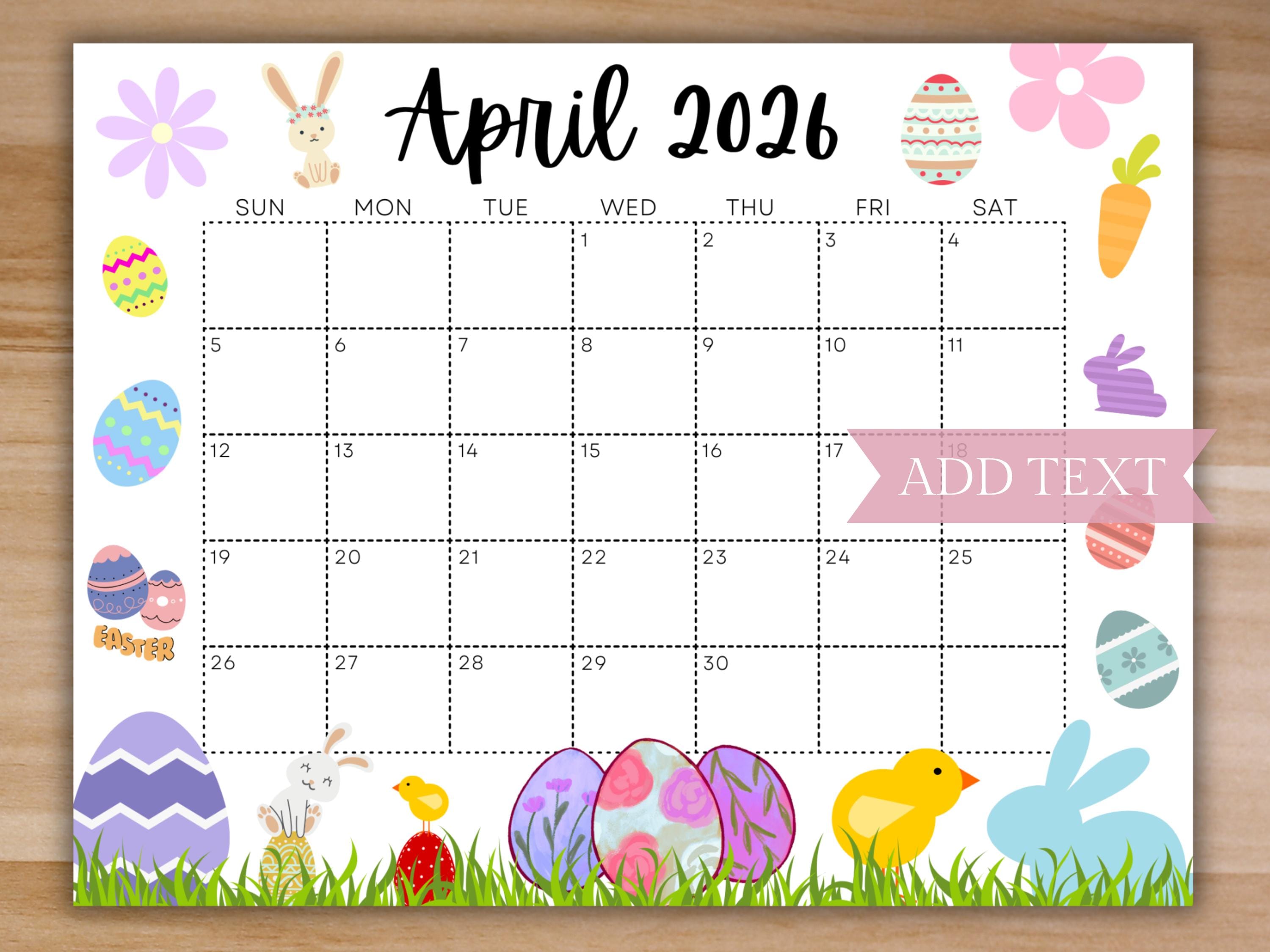 EDITABLE April 2026 Calendar, Printable Calendar 2026, Beautiful Easter ...