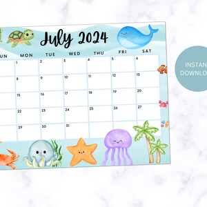 EDITABLE July 2024 Summer Calendar, Printable Calendar W/ Sea Creatures ...