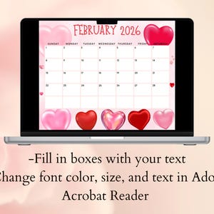 Editable February 2026 Calendar, Printable Valentine's Day Calendar W ...
