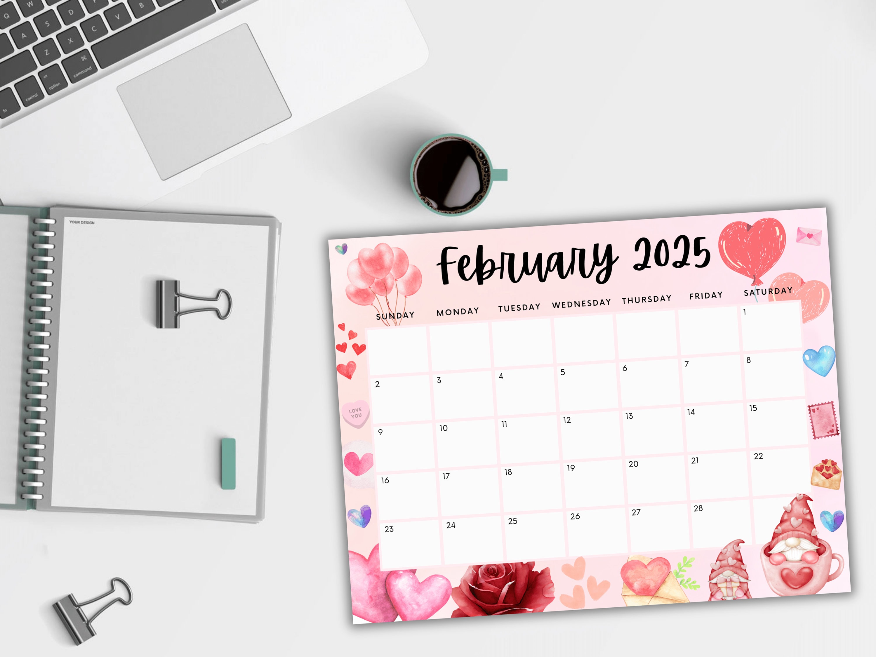 Editable February 2025 Calendar, Cute Printable Calendar W/ Red Rose ...