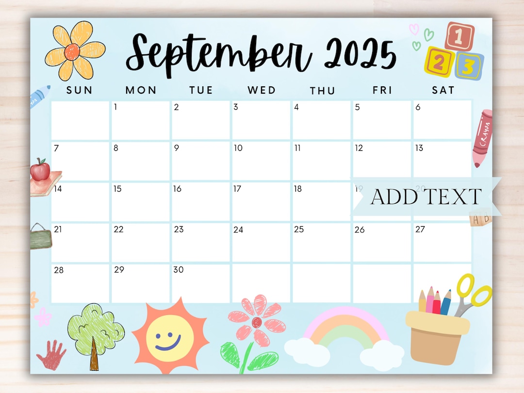 Editable September Calendar 2025, Printable Kids School Schedule W/ Sun ...