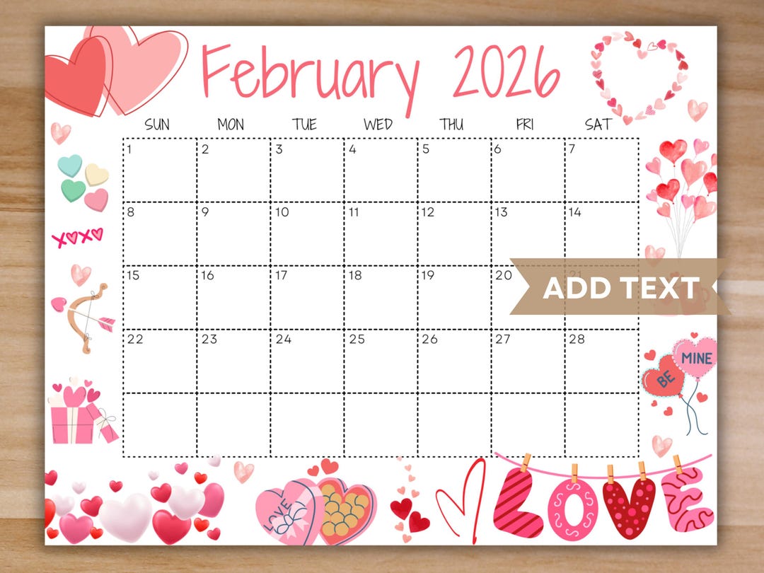 Editable February Calendar 2026, Printable Wall Calendar 2026, Cute ...
