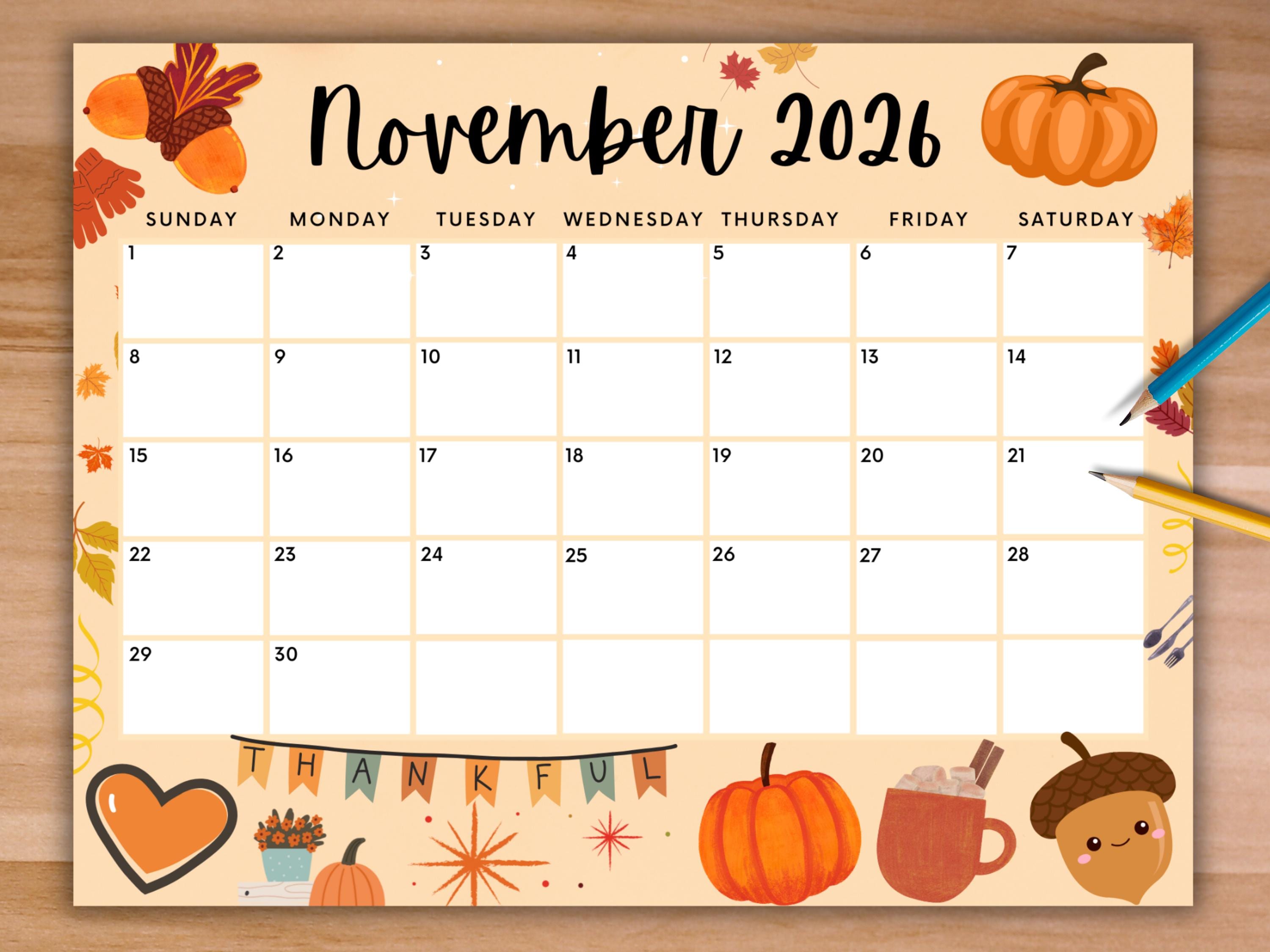 Printable November 2026 Calendar, Editable Calendar W/ Orange Pumpkins ...