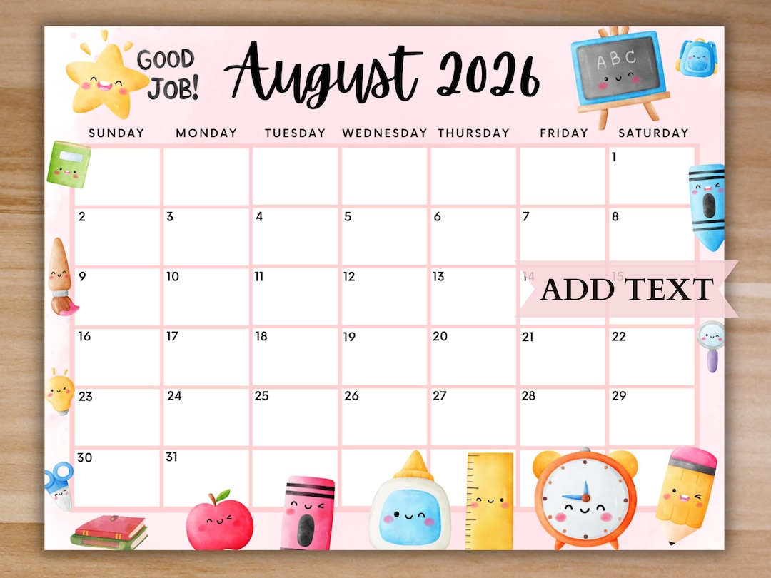 Editable August 2026 Calendar, Pink Printable Back to School Calendar ...