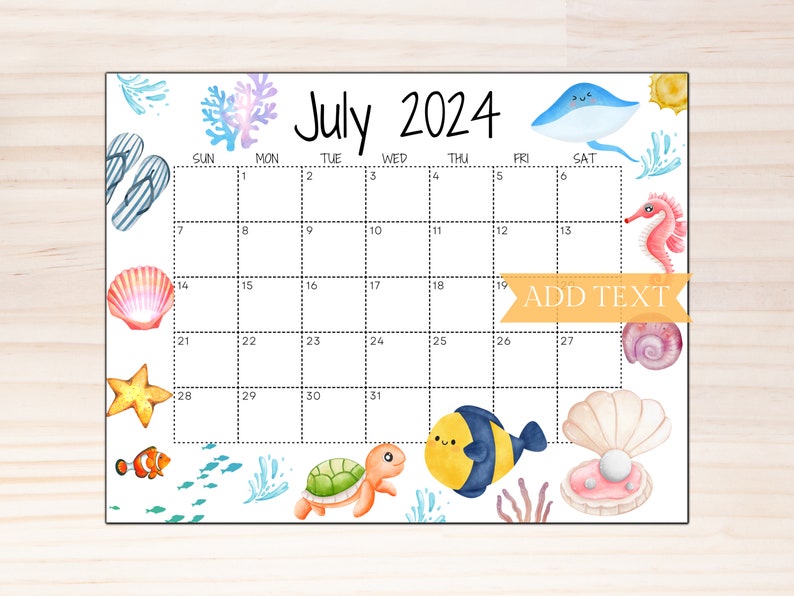 EDITABLE July 2024 Summer Calendar, Printable Calendar W/ Cute Sea ...