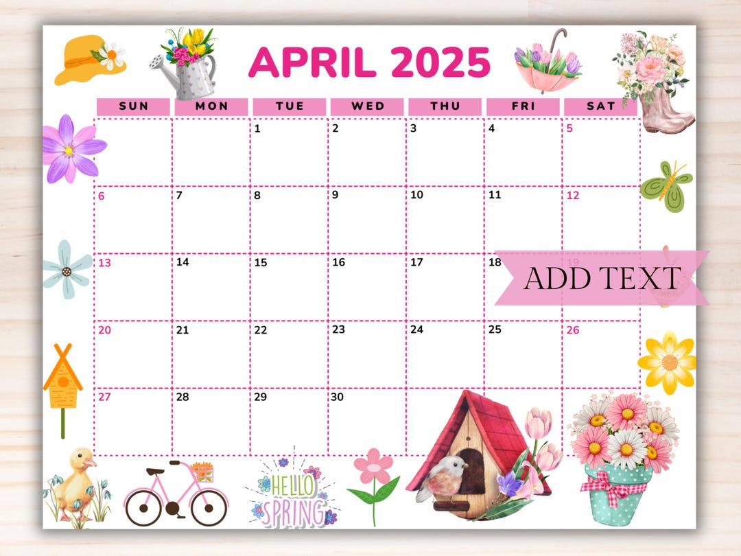 EDITABLE April 2025 Calendar, Printable Pink Spring Calendar W/ Cute ...