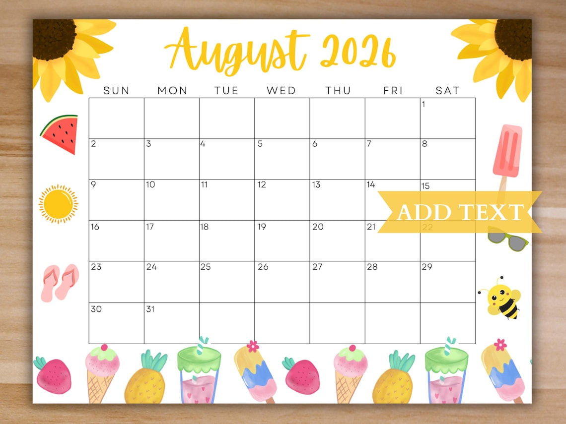 EDITABLE August 2026 Calendar, Printable Calendar School Calendar, Kids ...