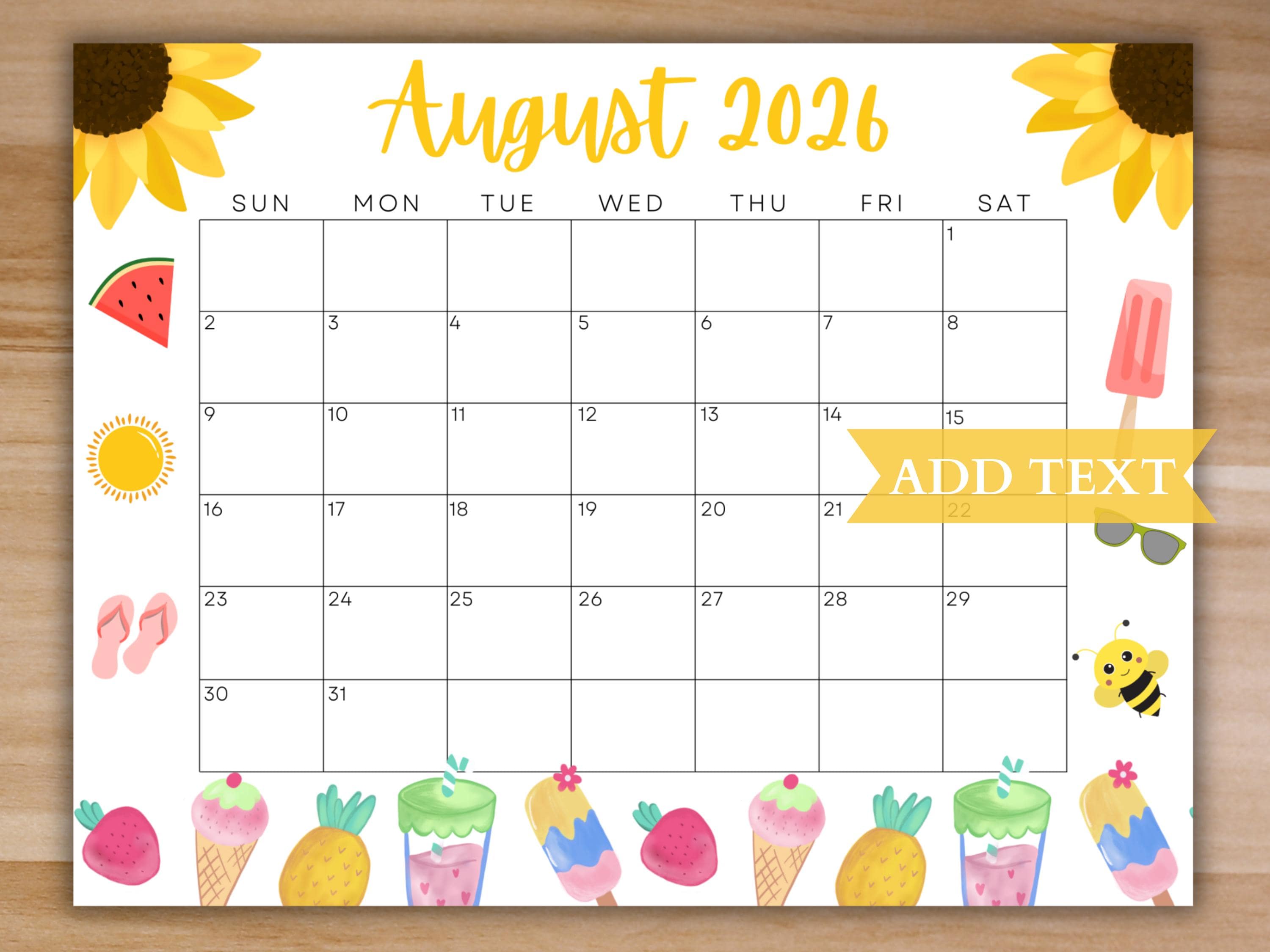 EDITABLE August 2026 Calendar, Printable Calendar School Calendar, Kids ...