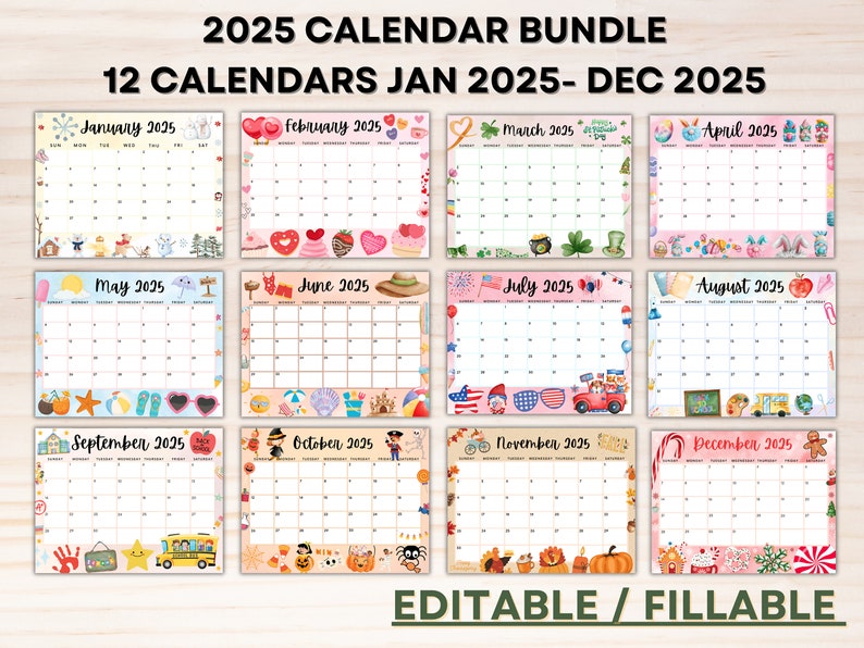 Editable Calendar 2025 Bundle Printable Calendars Colorful Cute Kids ...