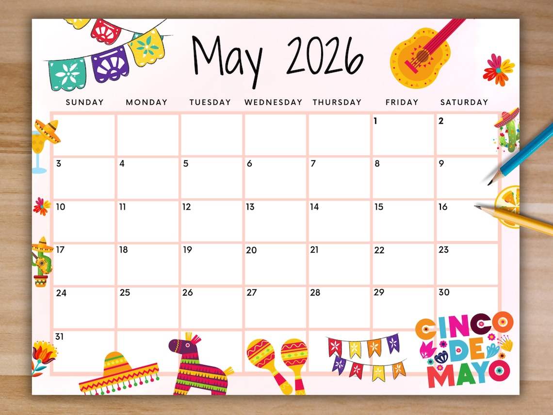 EDITABLE May 2026 Calendar, Printable Cute Pink Cinco De Mayo Calendar ...