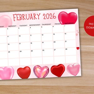 Editable February 2026 Calendar, Printable Valentine's Day Calendar W ...