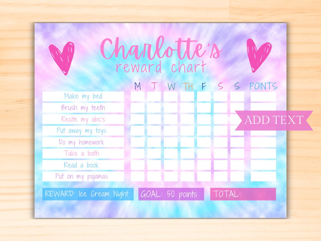 Editable Kids Chore Chart Tie Dye Colors, Kids Tie Dye Reward Chart ...