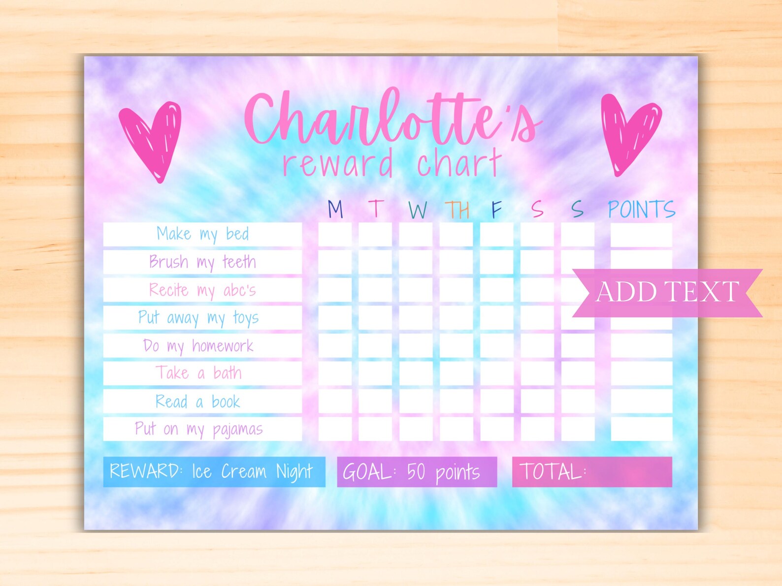 Editable Kids Chore Chart Tie Dye Colors, Kids Tie Dye Reward Chart ...