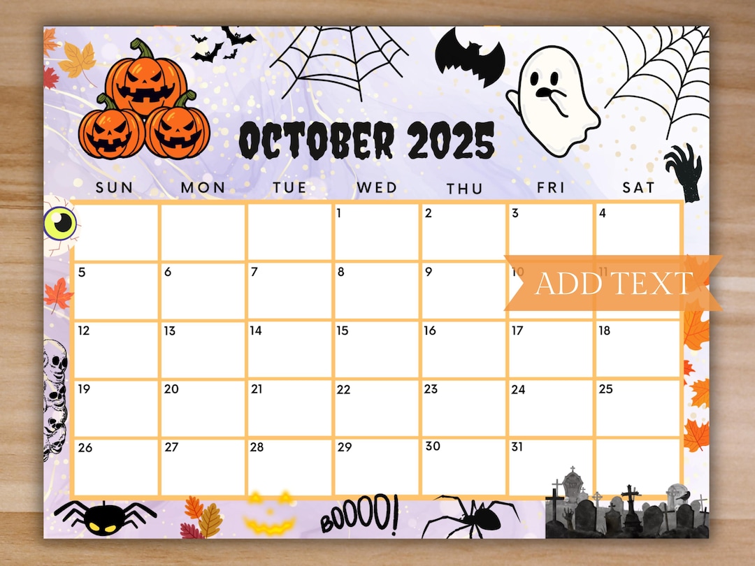 Editable October 2025 Calendar, Printable Spooky Calendar for Halloween ...
