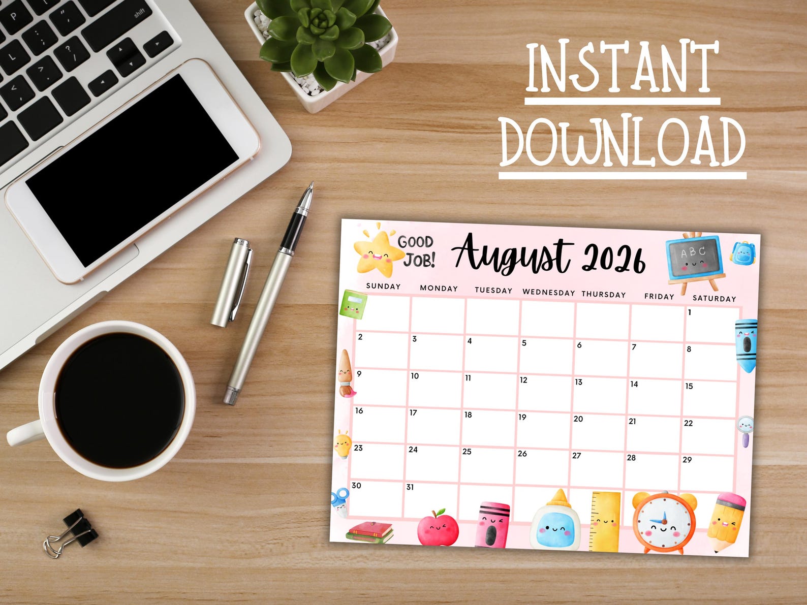 Editable August 2026 Calendar, Pink Printable Back to School Calendar ...