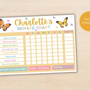EDITABLE Girls Butterflies Chore Chart, Girls Reward Chart W/ Yellow ...