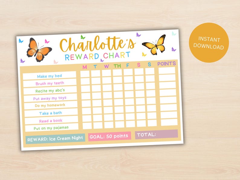 EDITABLE Girls Butterflies Chore Chart, Girls Reward Chart W/ Yellow ...