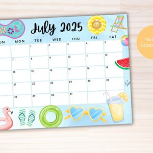 PRINTABLE July 2025 Summer Calendar, Editable July Calendar, Fillable ...