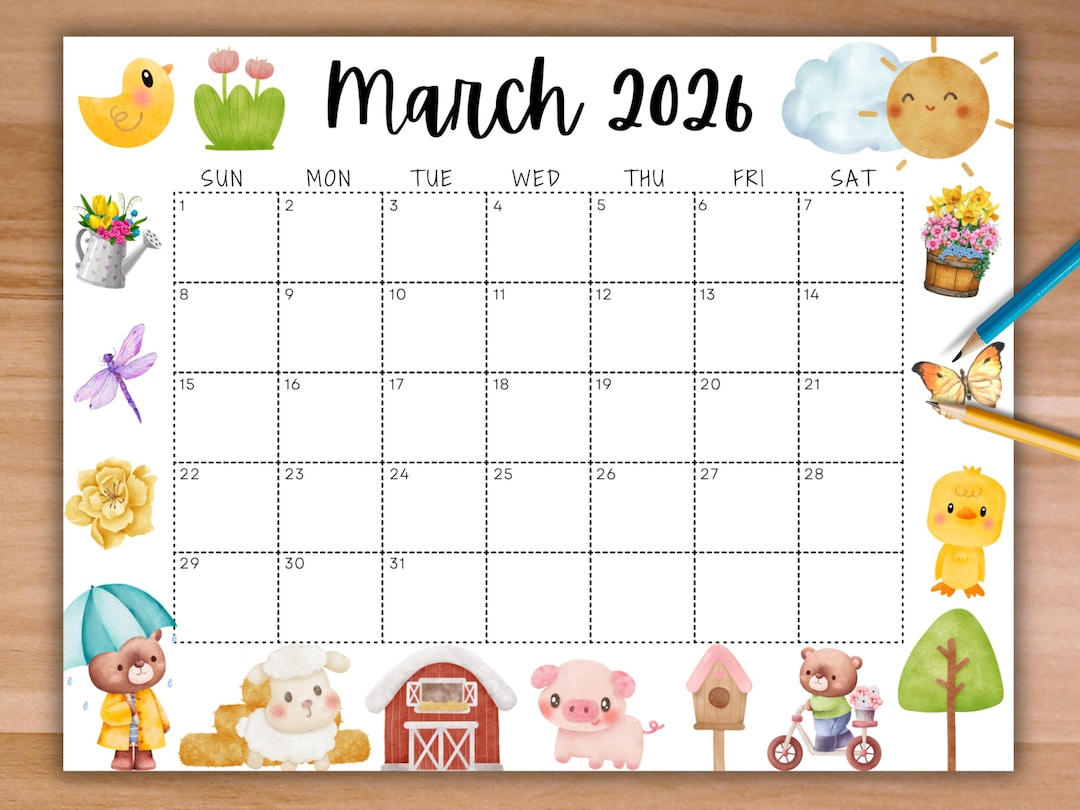 EDITABLE March 2026 Calendar, PRINTABLE Cute Spring Calendar W/ Animals ...