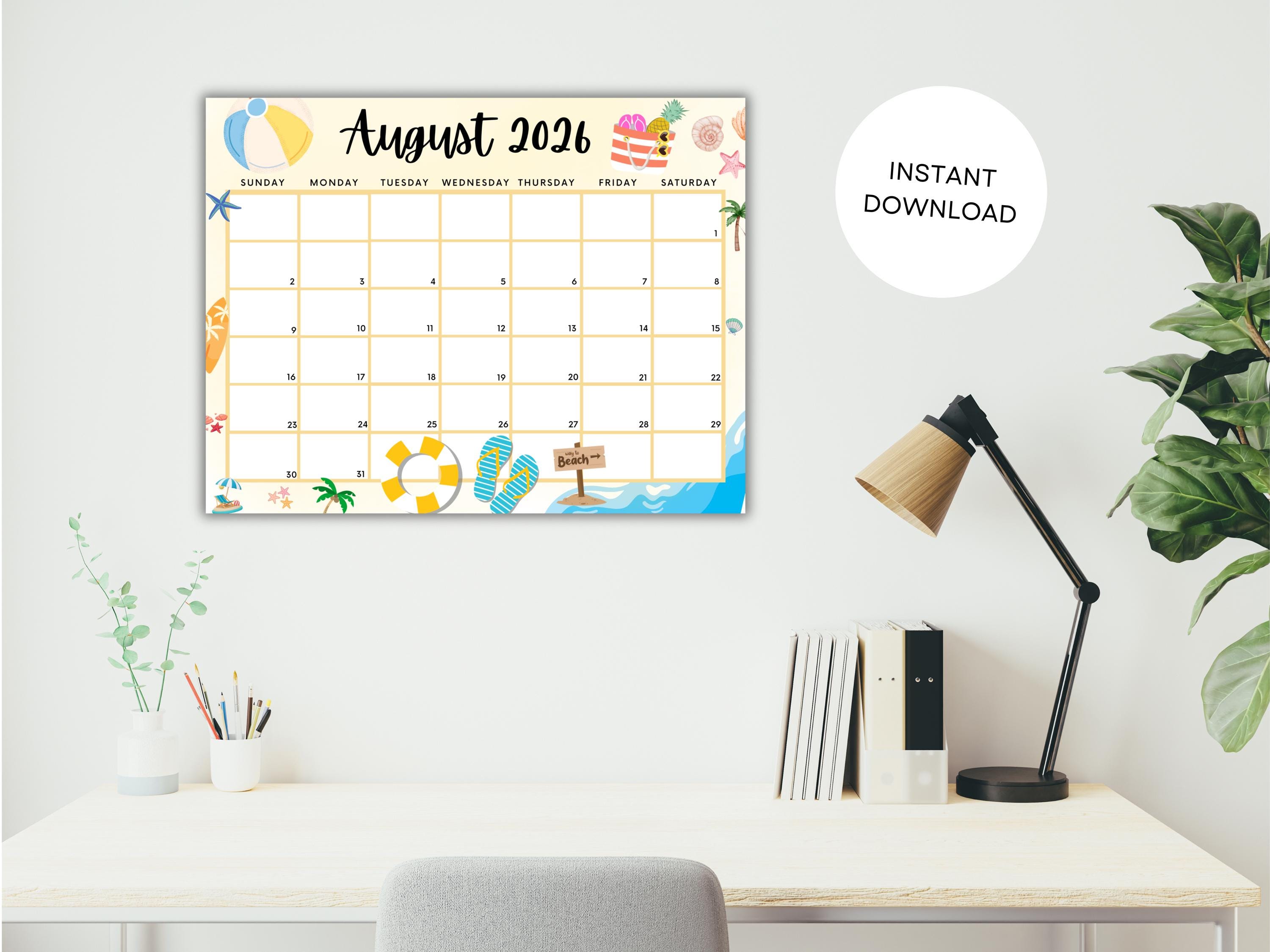 Printable August 2026 Calendar, Editable Calendar, Summer Calendar at ...