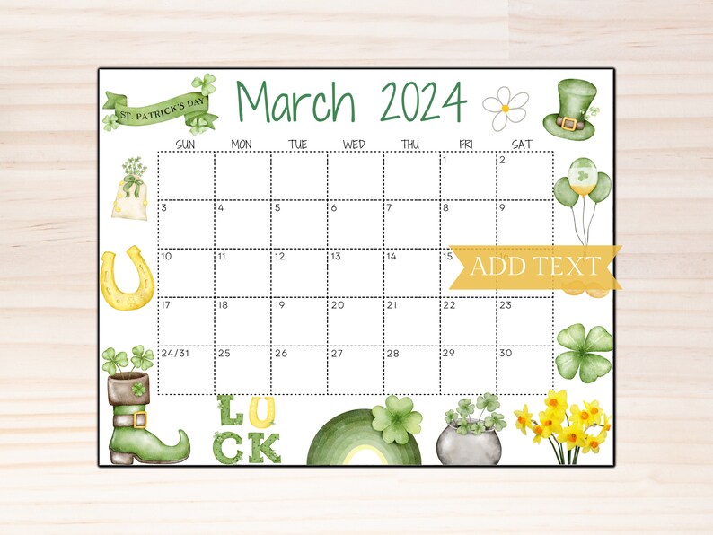 EDITABLE March 2024 Calendar, Printable Calendar, St PATRICKS DAY ...