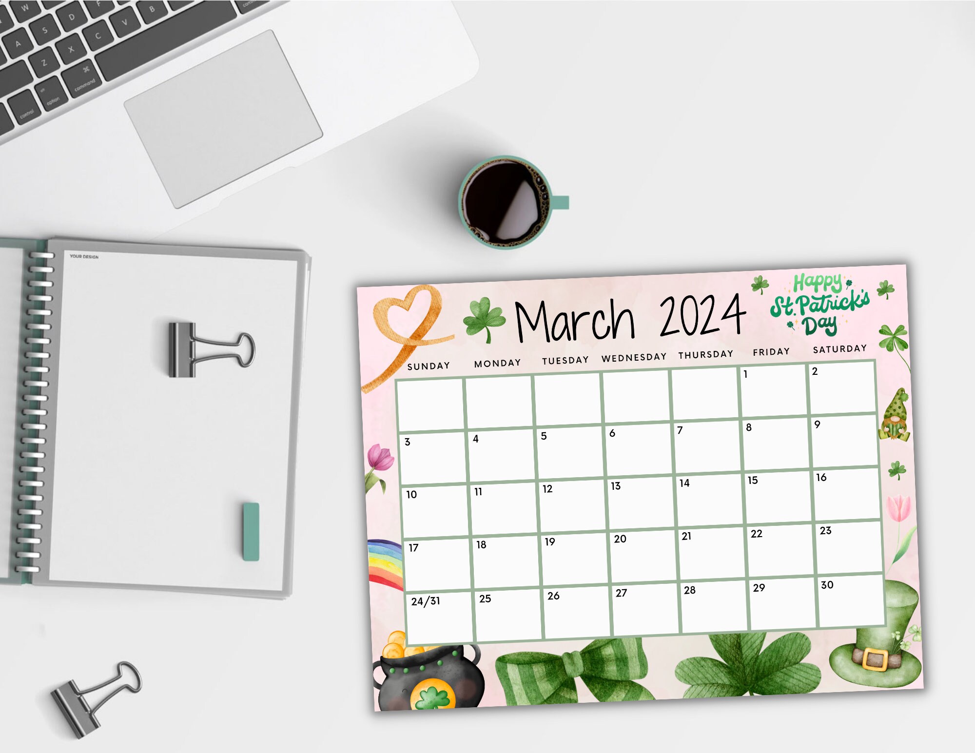 EDITABLE March 2024 Calendar, Printable Wall Calendar 2024, St Patricks ...