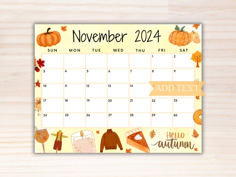 Editable November 2024 Calendar, Printable Calendar W/ Pretty Pumpkins ...