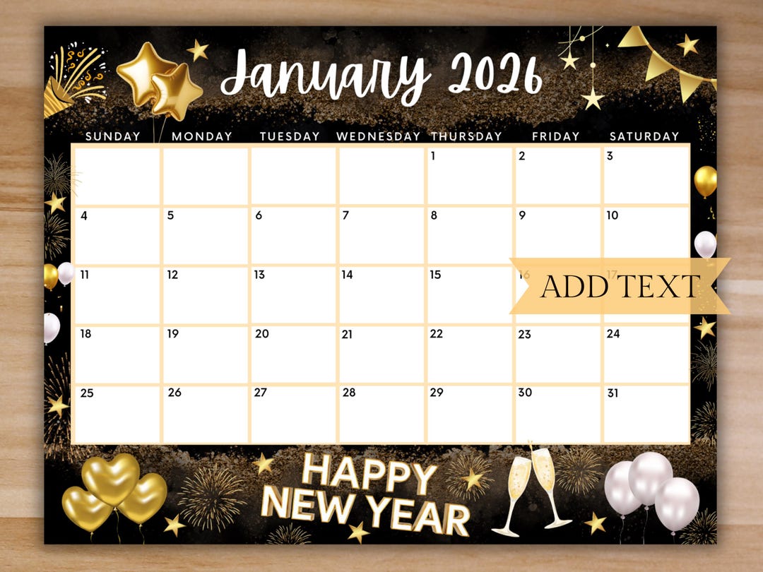 Editable January 2026 Calendar, Printable Happy New Year Calendar ...