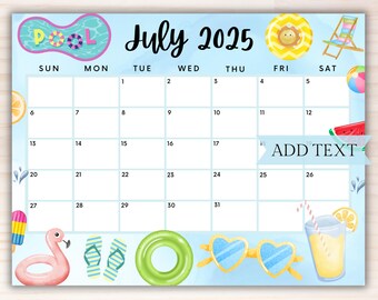 PRINTABLE July 2024 Summer Calendar, Editable July Calendar, Fillable ...