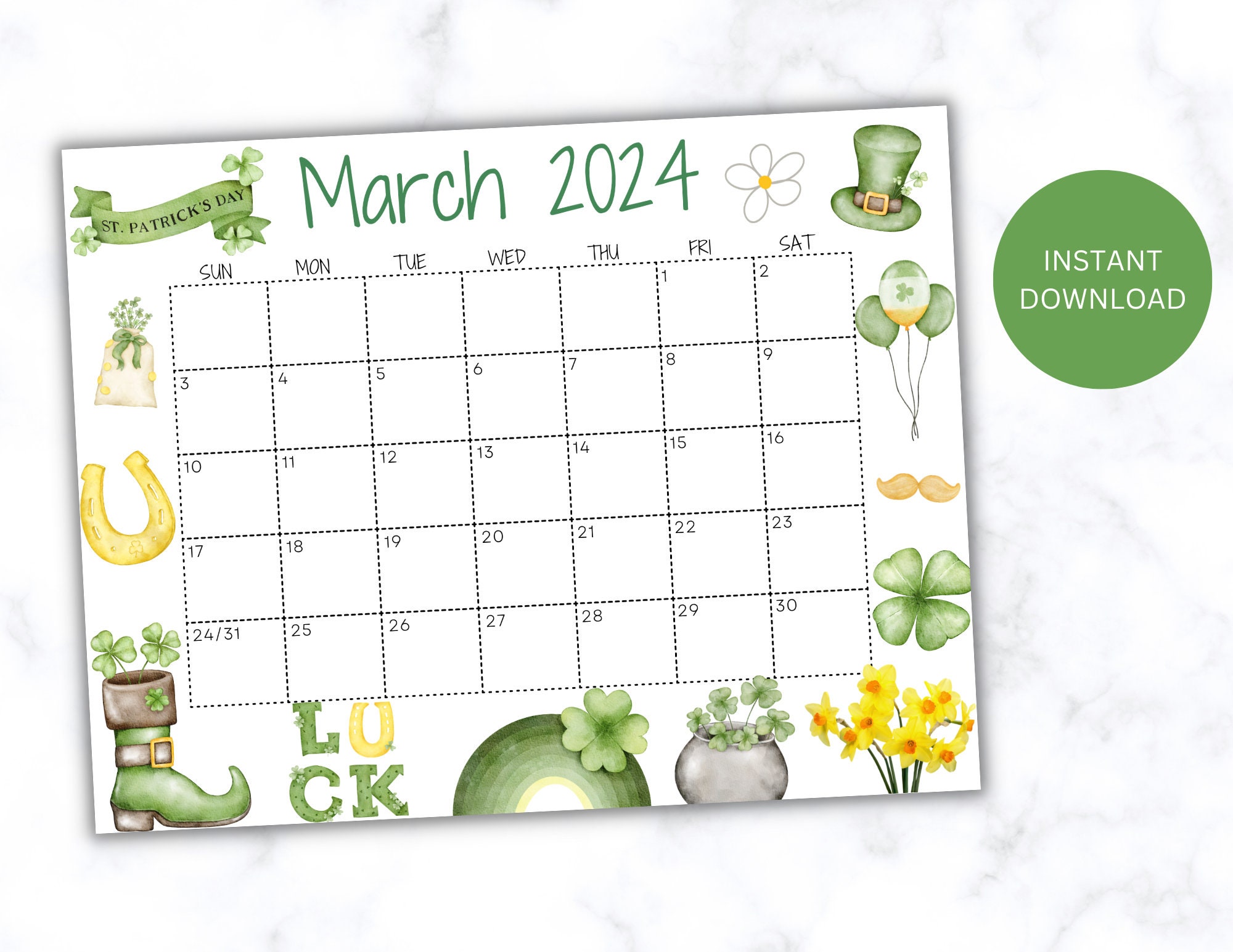 EDITABLE March 2024 Calendar, Printable Calendar, St PATRICKS DAY ...