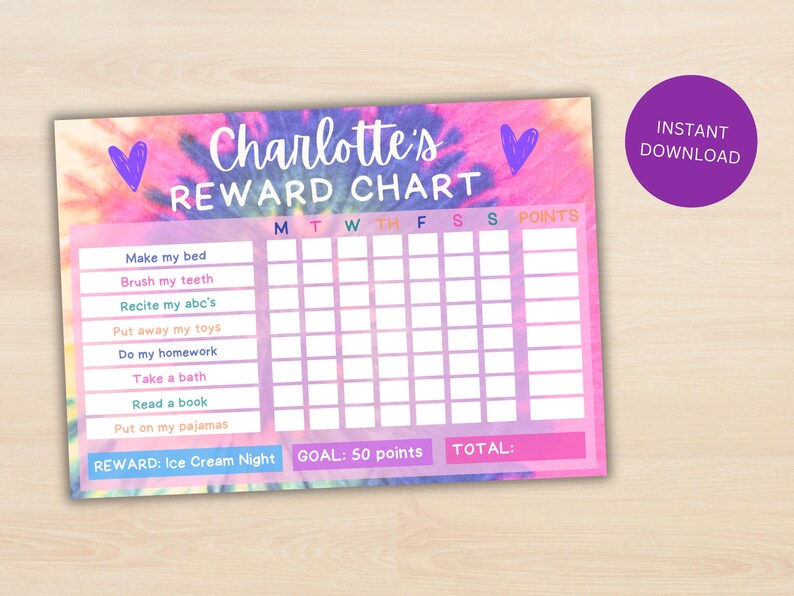 Editable Kids Tie Dye Chore Chart, Tie Dye Reward Chart, Weekly Chore ...