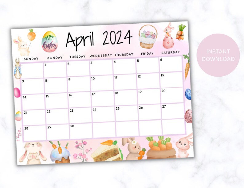 EDITABLE April 2024 Calendar, Printable Cute Pink Easter Bunny Calendar ...