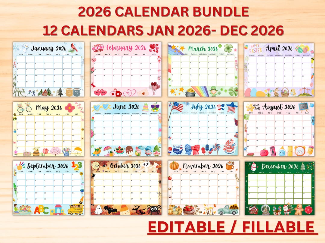 Editable 2026 Calendar Bundle- Printable January Calendar 2026- Holiday ...