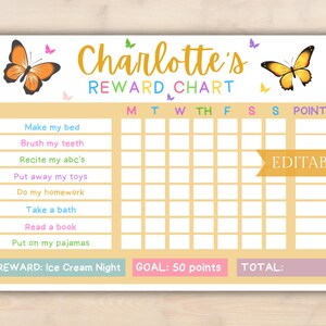 EDITABLE Girls Butterflies Chore Chart, Girls Reward Chart W/ Yellow ...