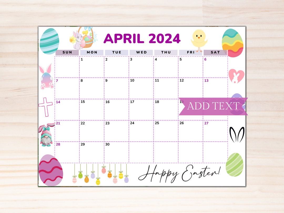 EDITABLE Purple April 2024 Calendar, Printable Happy Easter Calendar ...